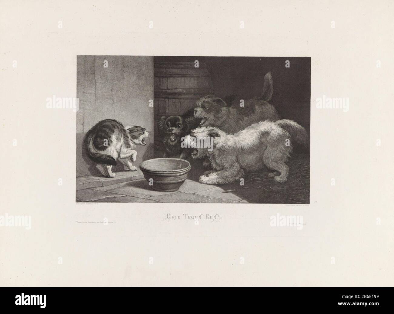 Blowing cat and three dogs barking at a tray Three Against RP-P-1879-A ...