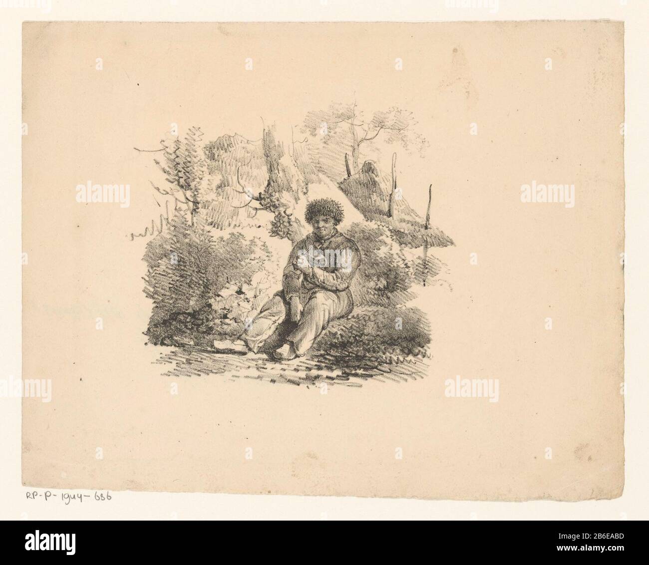 Boer with pipe The farmer sitting at the edge of a road. Behind him a ...