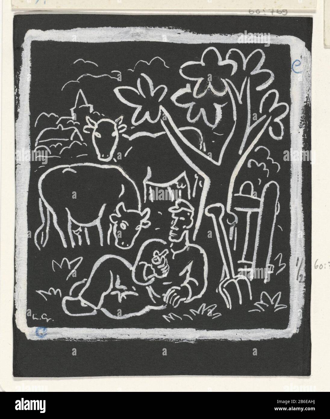 Boer resting under a tree in a pasture with cows Farmer resting under a ...