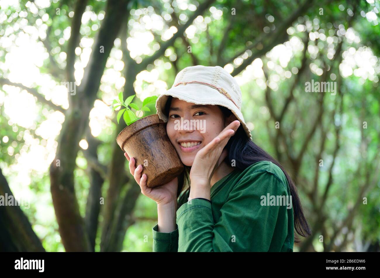 Image of an Asian woman In the concept of planting trees for the ...