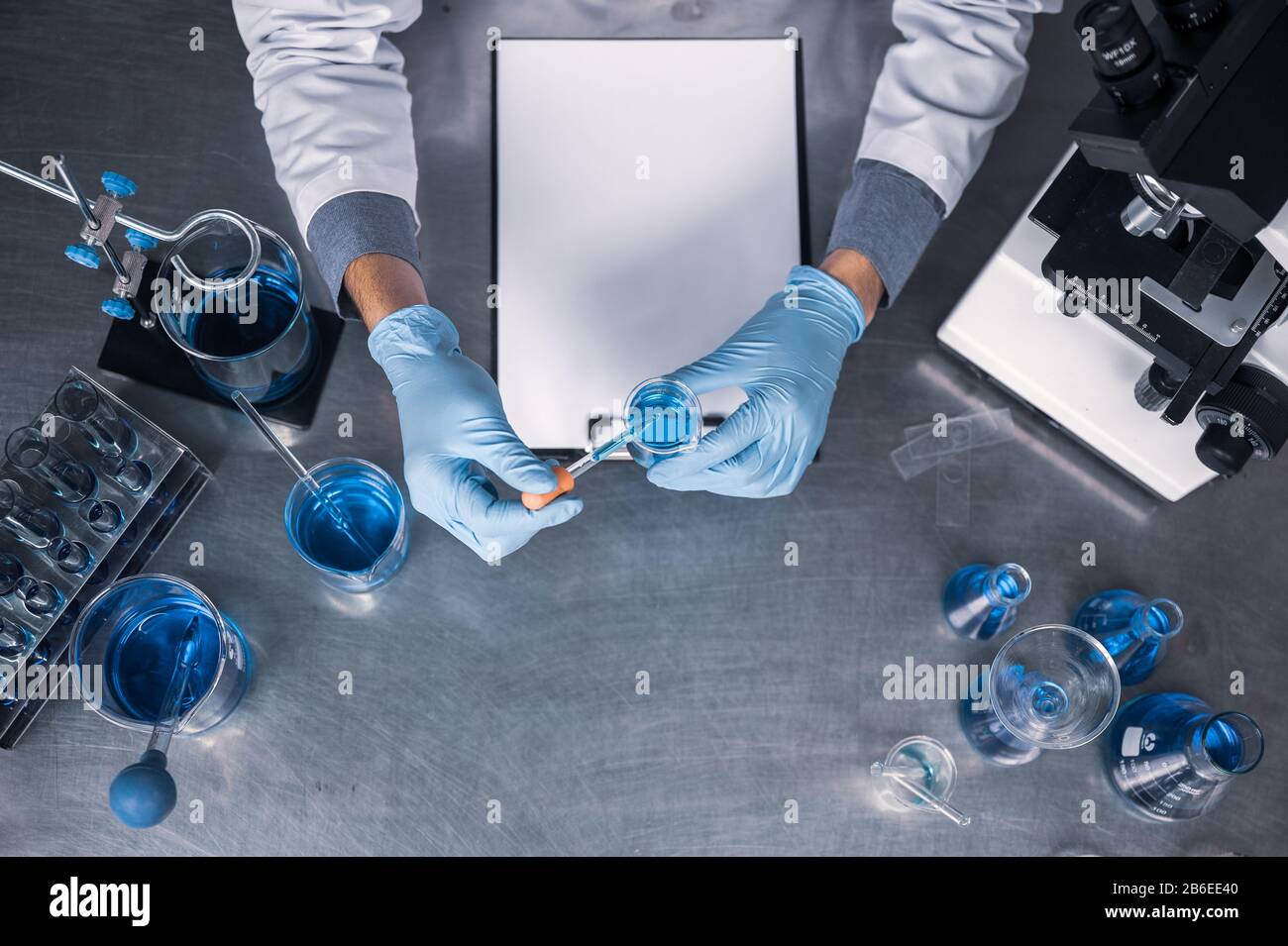 top view workspace in laboratory with microscope, laptop, and ...