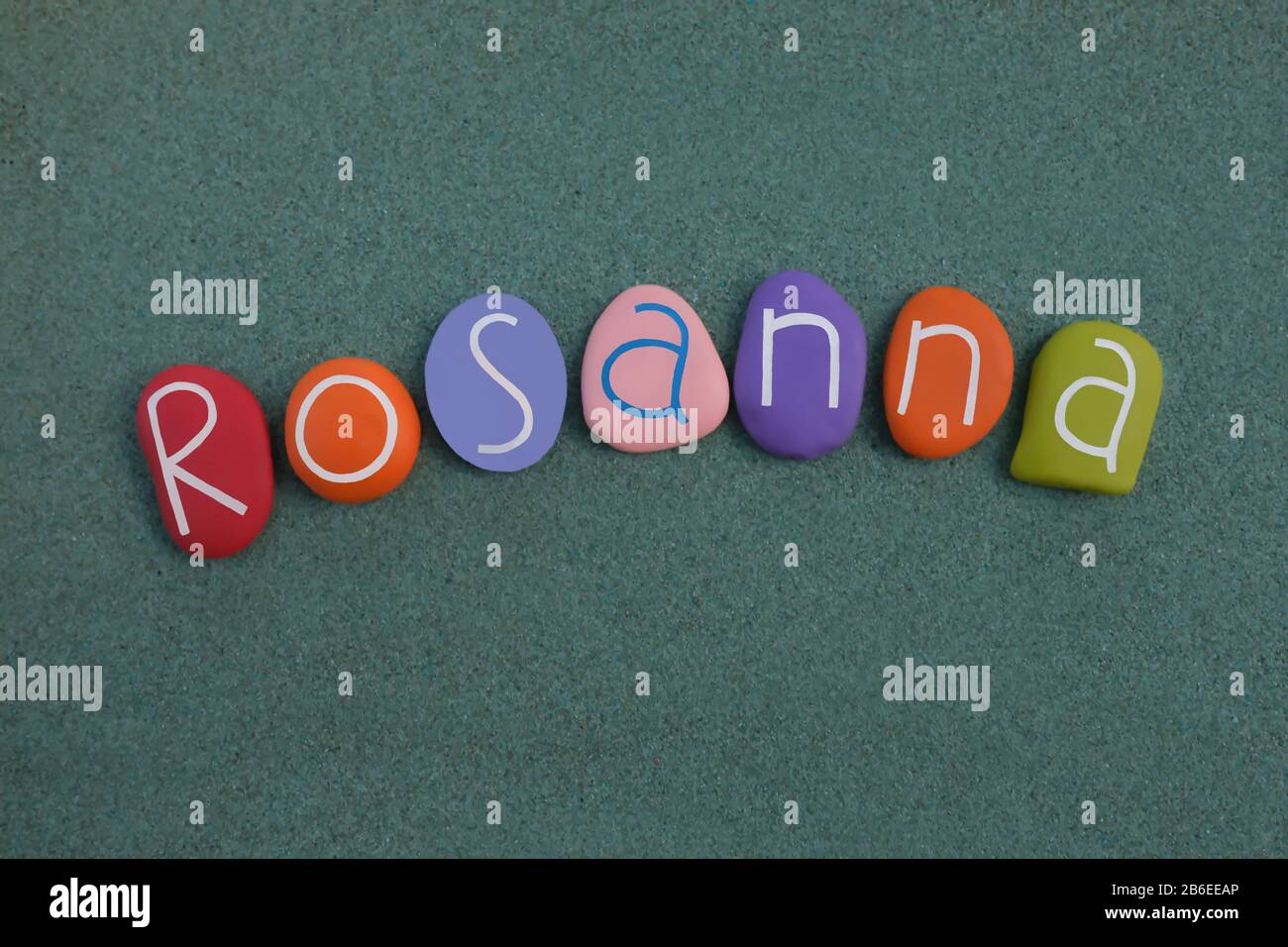 Rosanna, female given name composed with multi colored stone letters ...