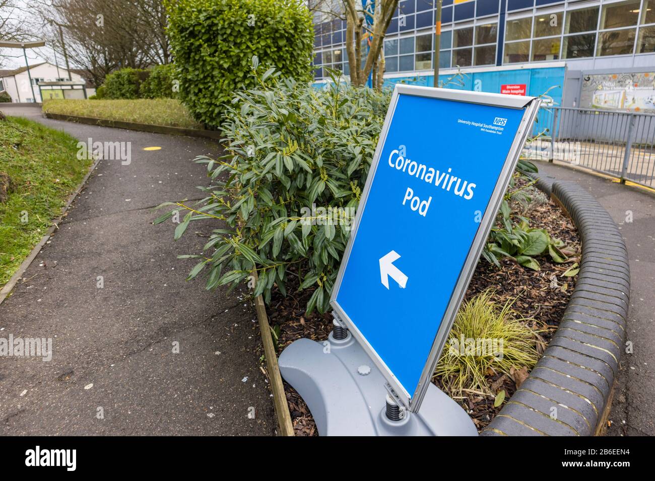 Sign pointing to a Coronavirus Pod at Southampton General Hospital, a ...