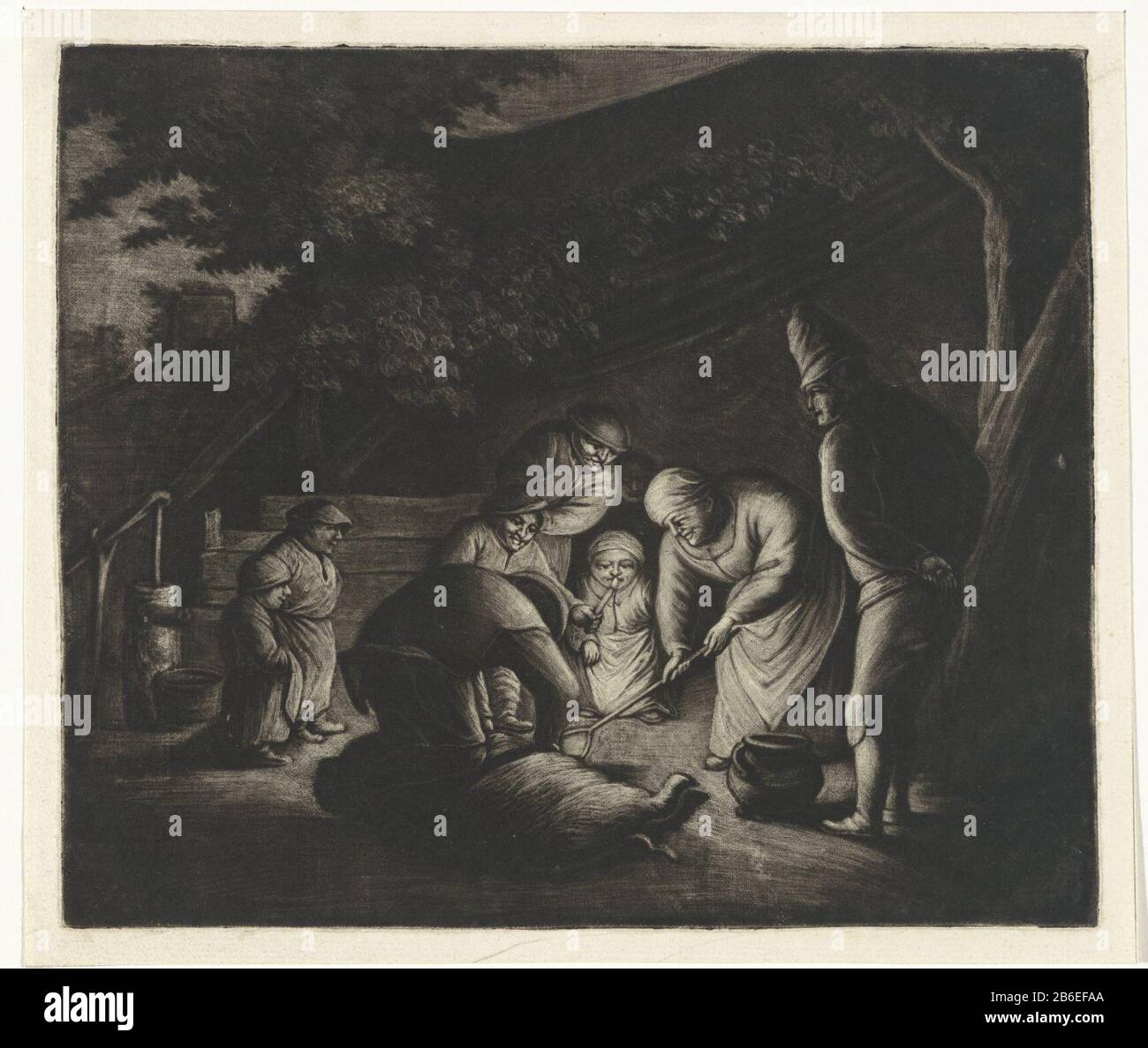 Boer Family at the slaughtering of a pig Adults and some kids watching ...