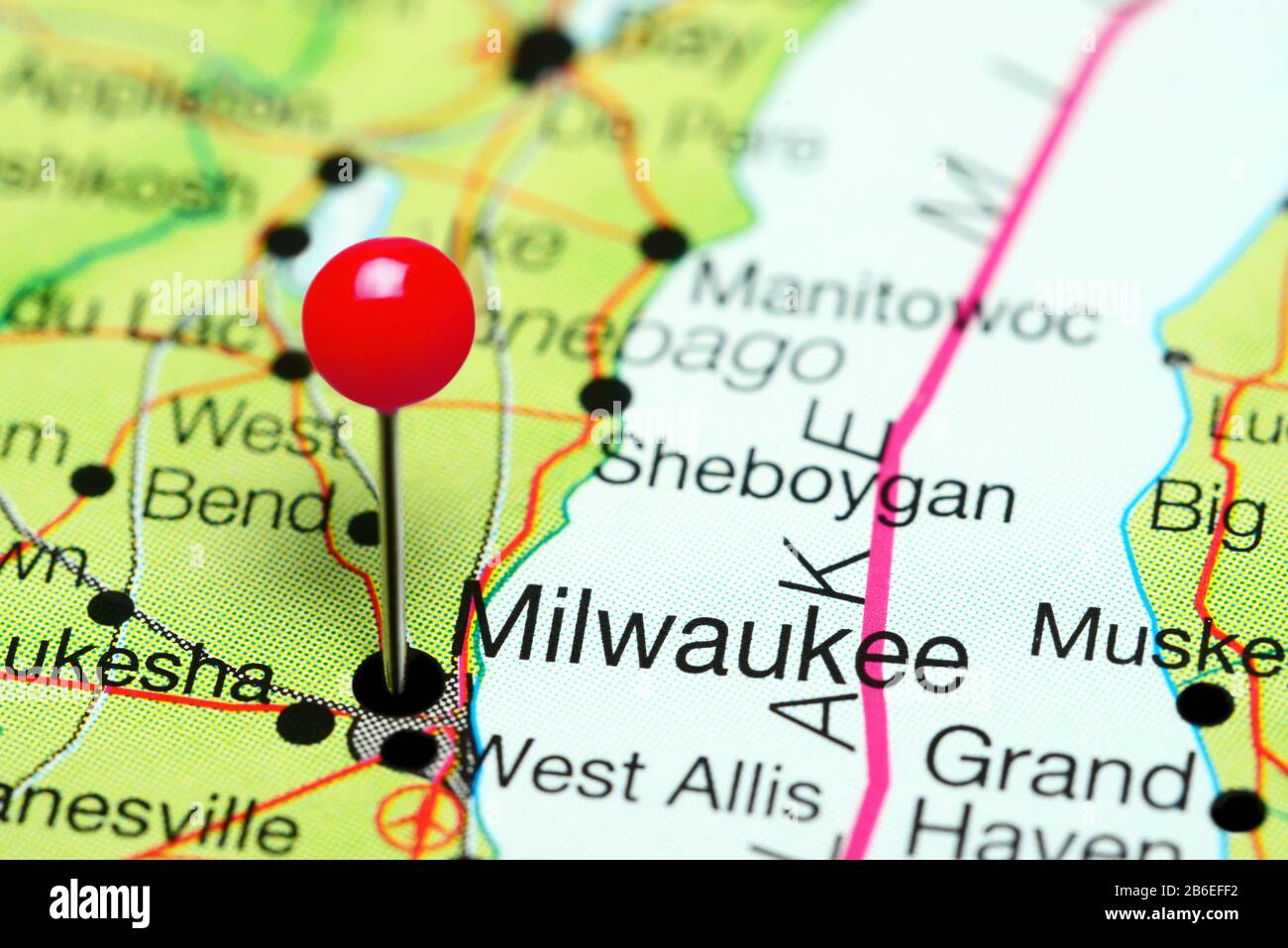 Milwaukee pinned on a map of Wisconsin, USA Stock Photo - Alamy
