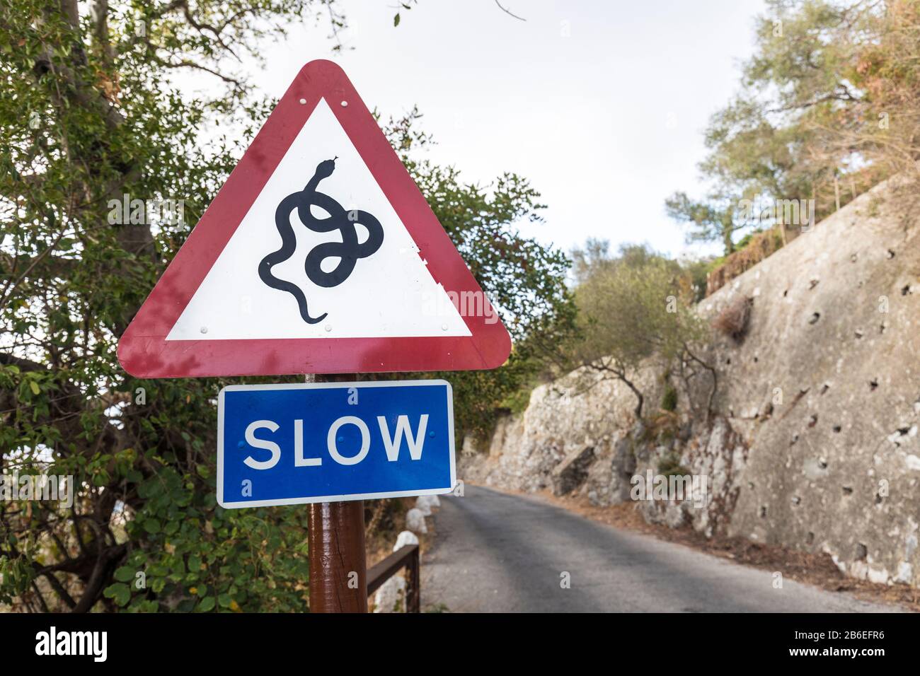 Slow, snakes in road traffic sign, Gibraltar Stock Photo - Alamy