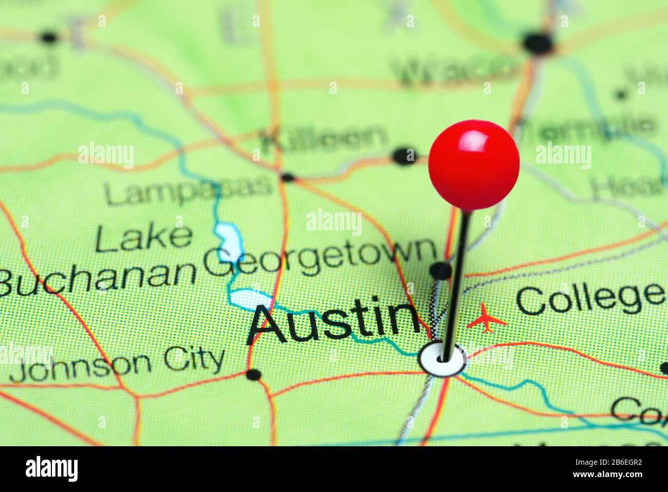 Austin pinned on a map of Texas, USA Stock Photo - Alamy