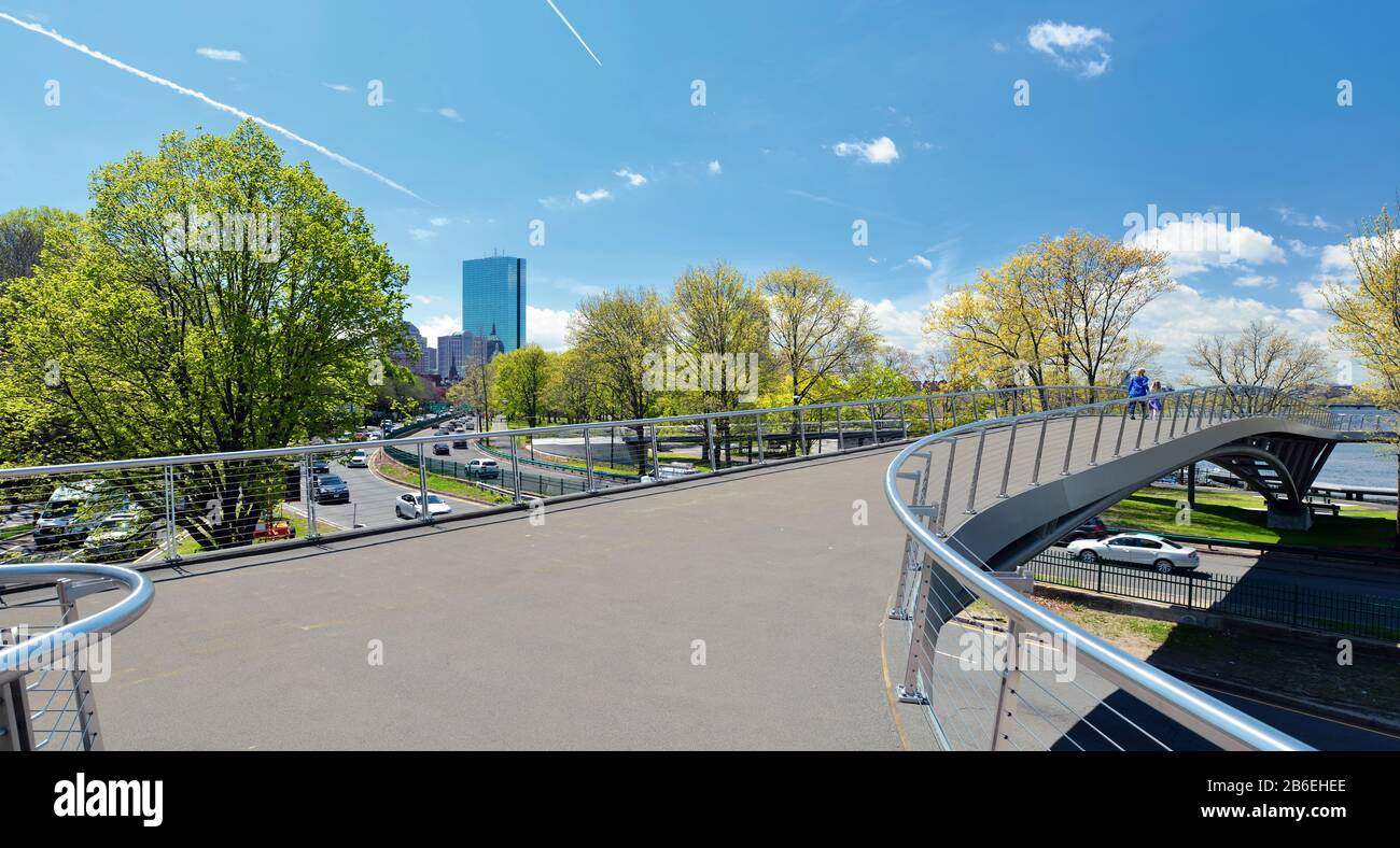 Boston in the spring. Crossing overpass to Charles River esplanade ...