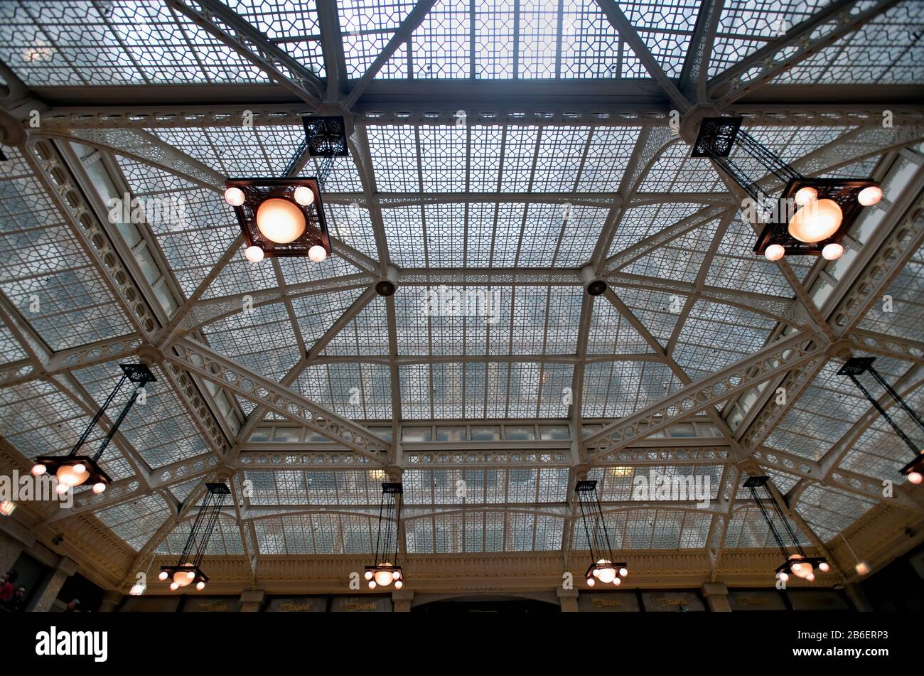 Chicago, Illinois, USA. Skylight in the lobby of the Rookery Building ...