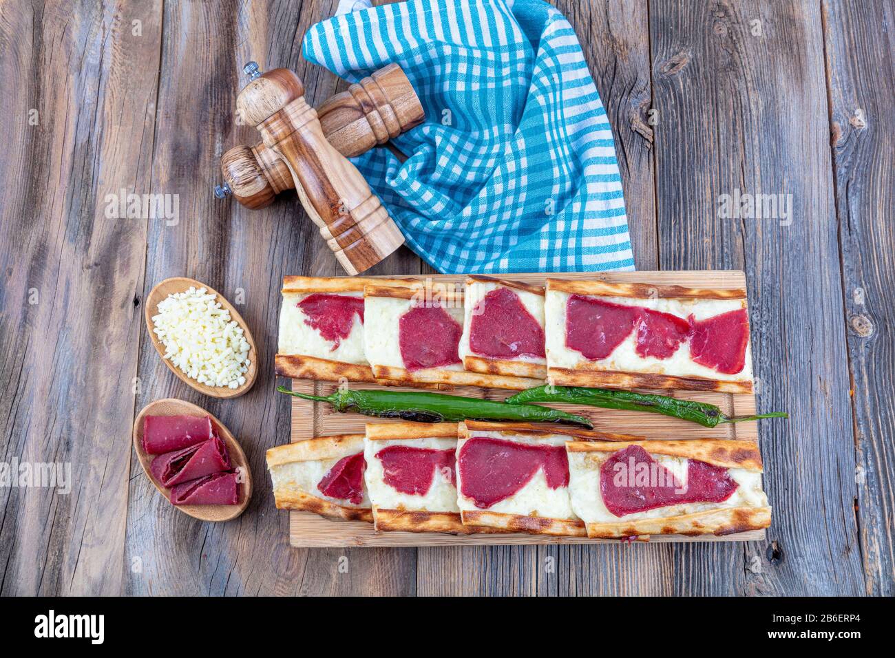 Turkish style pide with long roasted and pastrami pita. Baked in stone ...