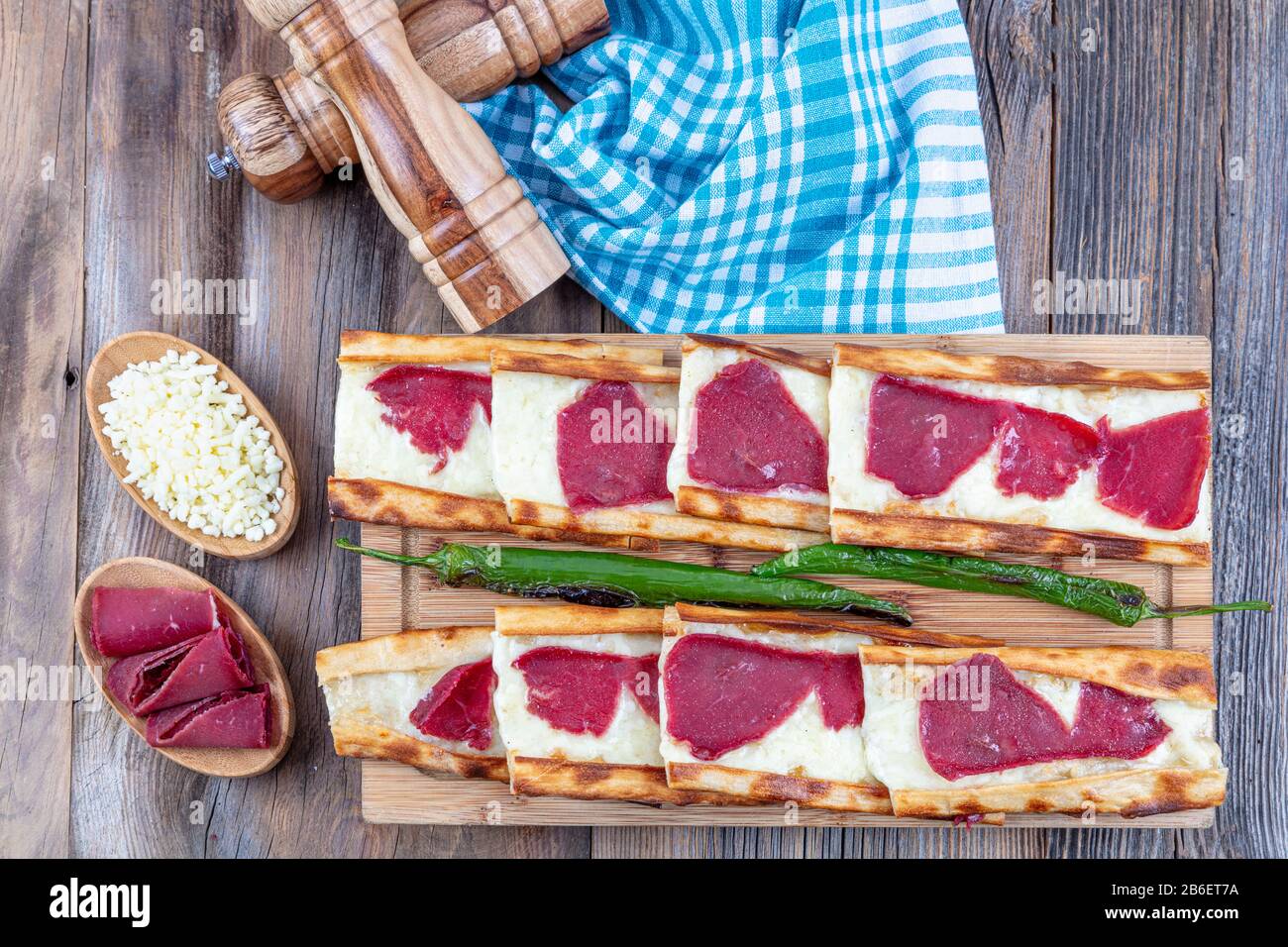 Turkish style pide with long roasted and pastrami pita. Baked in stone ...