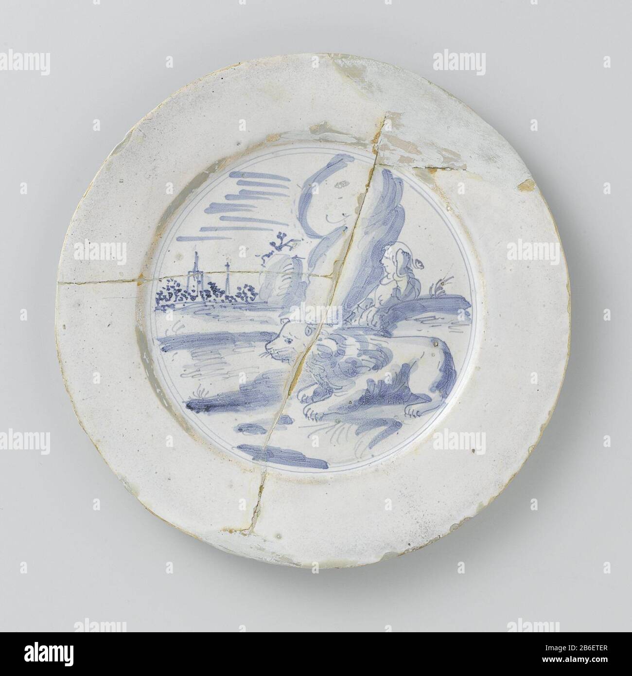 Plate with the flat figure and a lion in landscape Rond bord van blauw ...