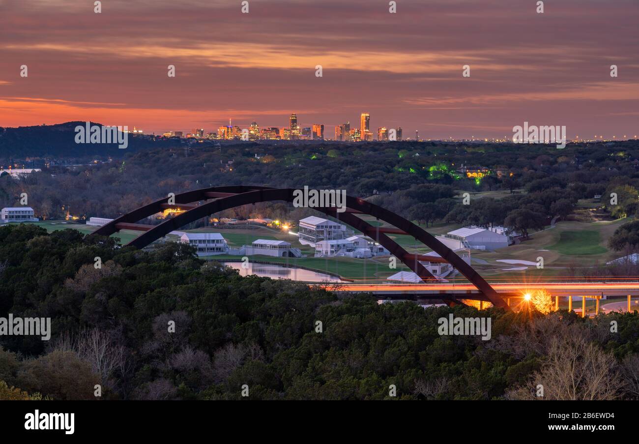 Early Sunrise View of the Light up Austin Skyline With the 360 Bridge ...