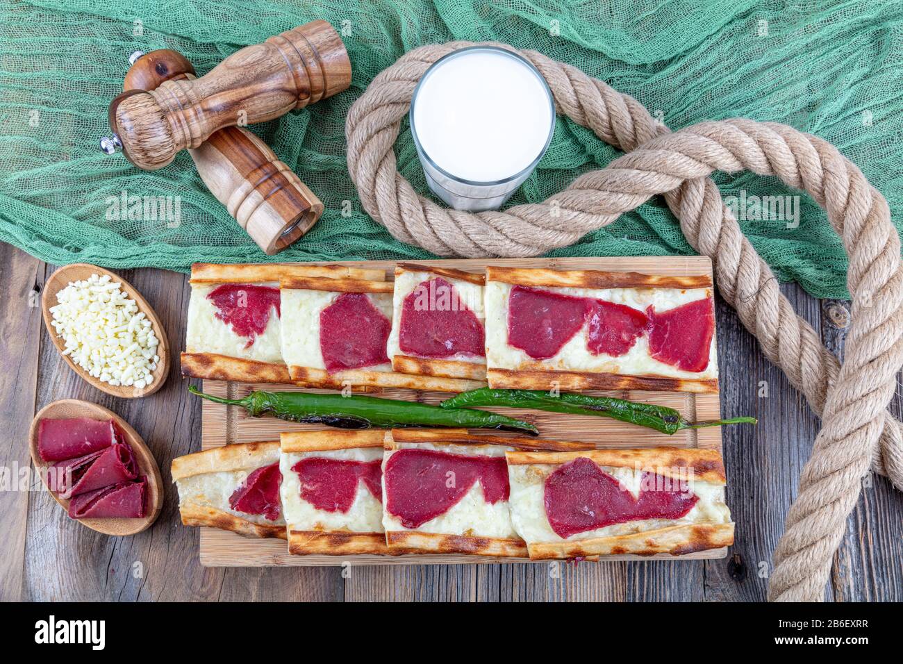 Turkish style pide with long roasted and pastrami pita. Baked in stone ...