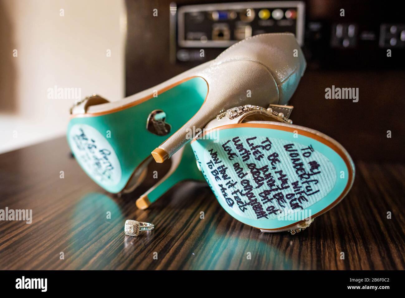 Wedding shoe with best wishes and vows from groom cute tradition Stock ...