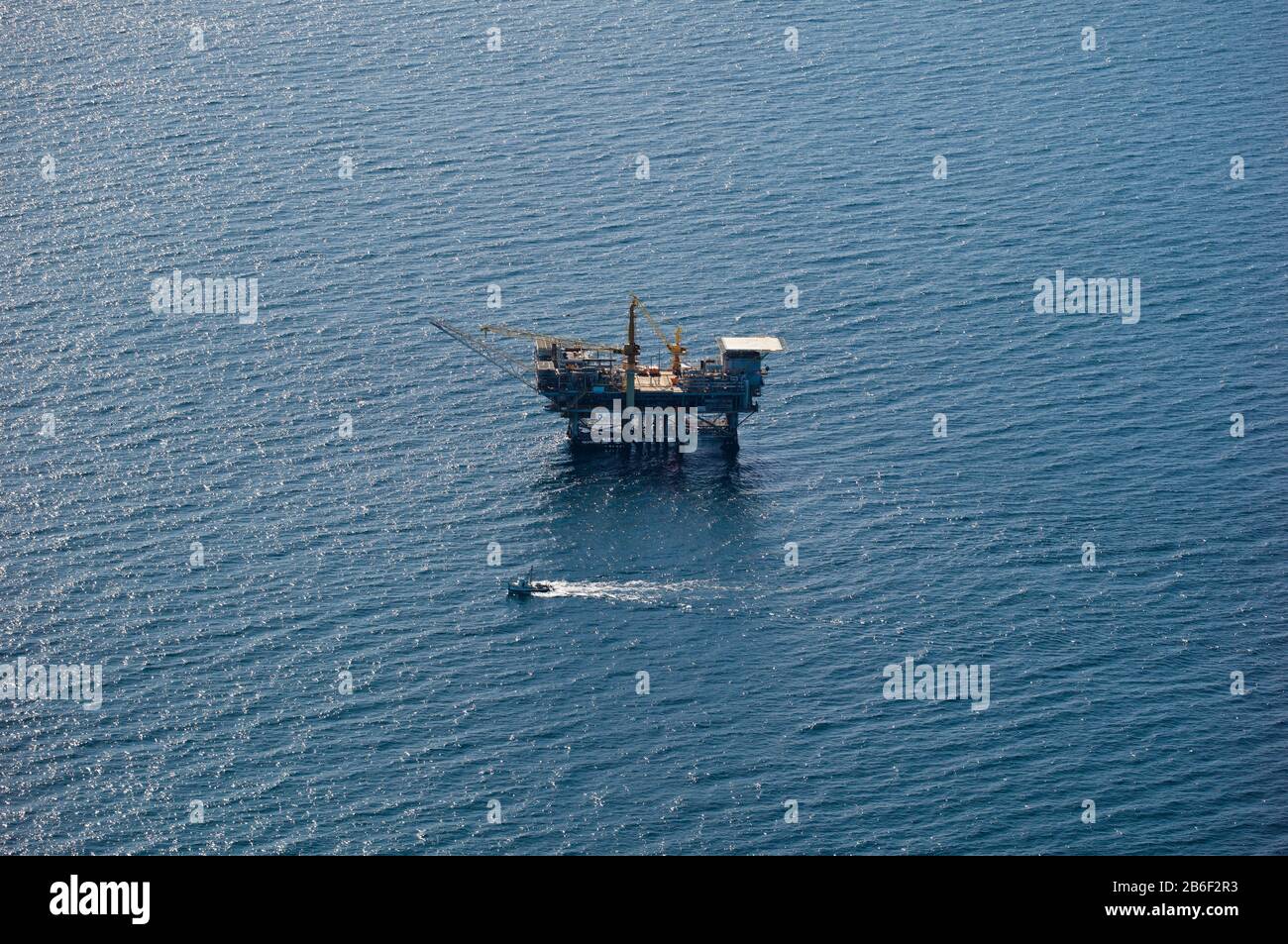Aerial view of oil platform in the Pacific ocean, Ventura County ...