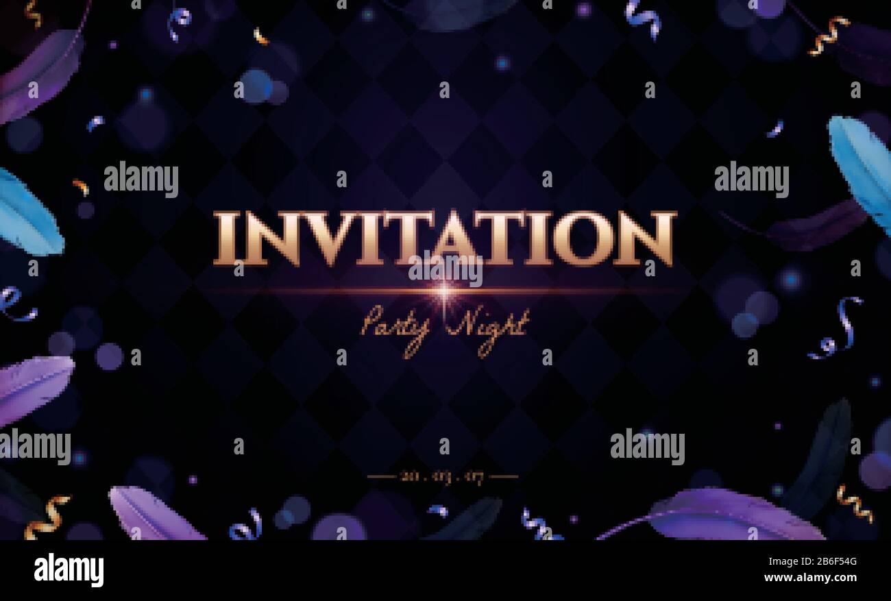 Party night invitation with purple and blue feathers frame on bokeh ...