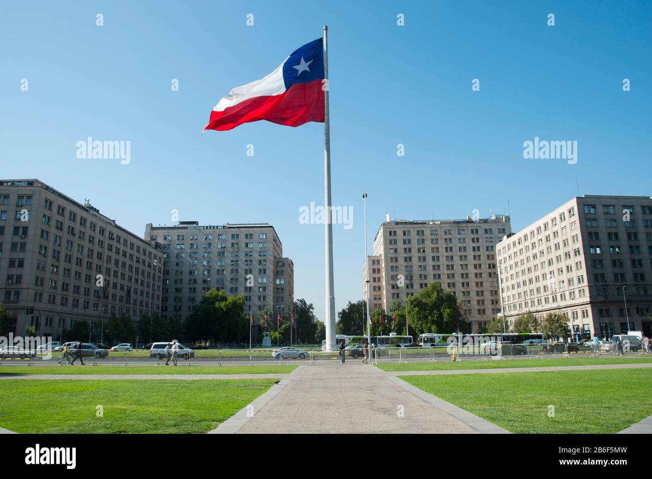 Large Chilean flag flying in front of the armed forces ministries ...