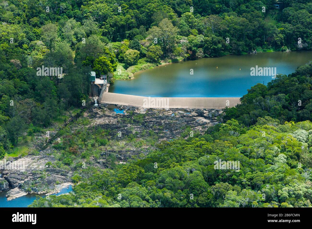 Aerial view of a dam on Barron River, Kuranda, Cairns, Queensland ...