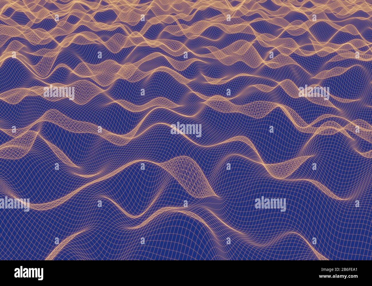 3D rendering orange wireframe wave in darkness blue background. Concept ...
