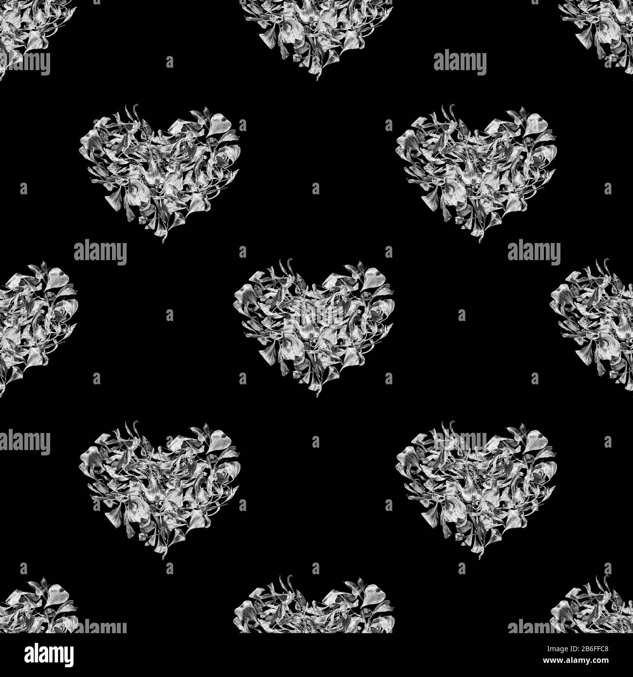 Seamless pattern silver hearts made of flower petals isolated, black ...