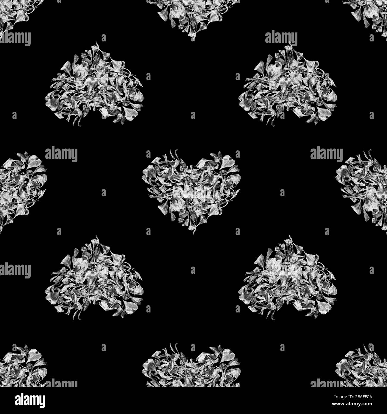 Seamless pattern silver hearts made of flower petals isolated, black ...