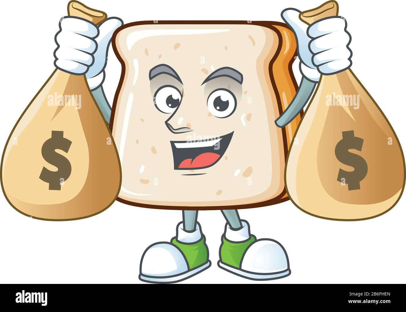 Happy rich slice of bread mascot design carries money bags Stock Vector ...