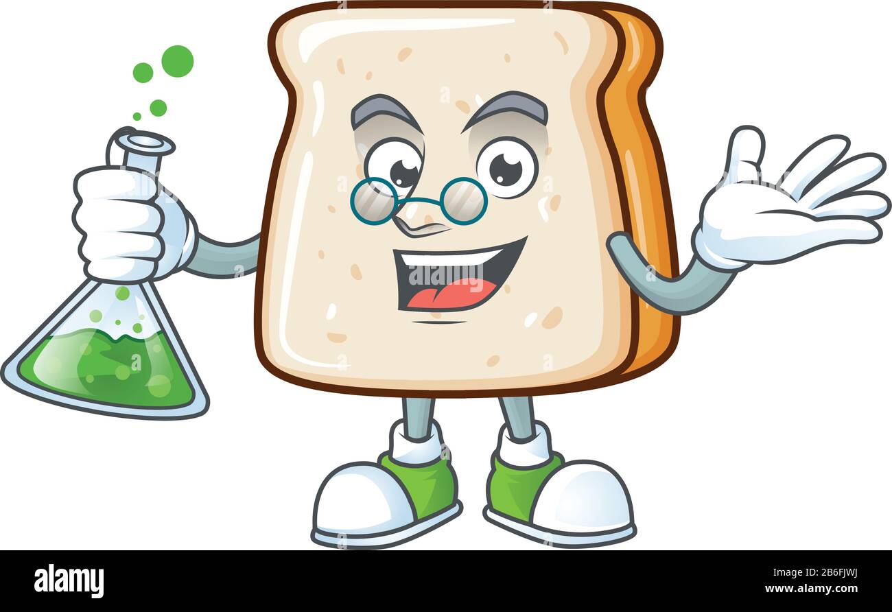 Slice of bread brainy Professor Cartoon design grasp a glass tube Stock ...