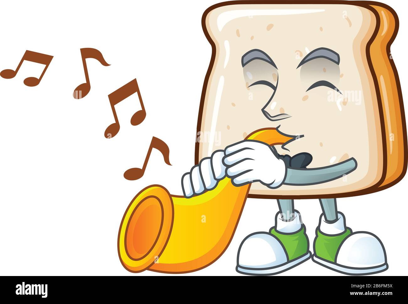 Slice of bread cartoon character playing music with a trumpet Stock ...