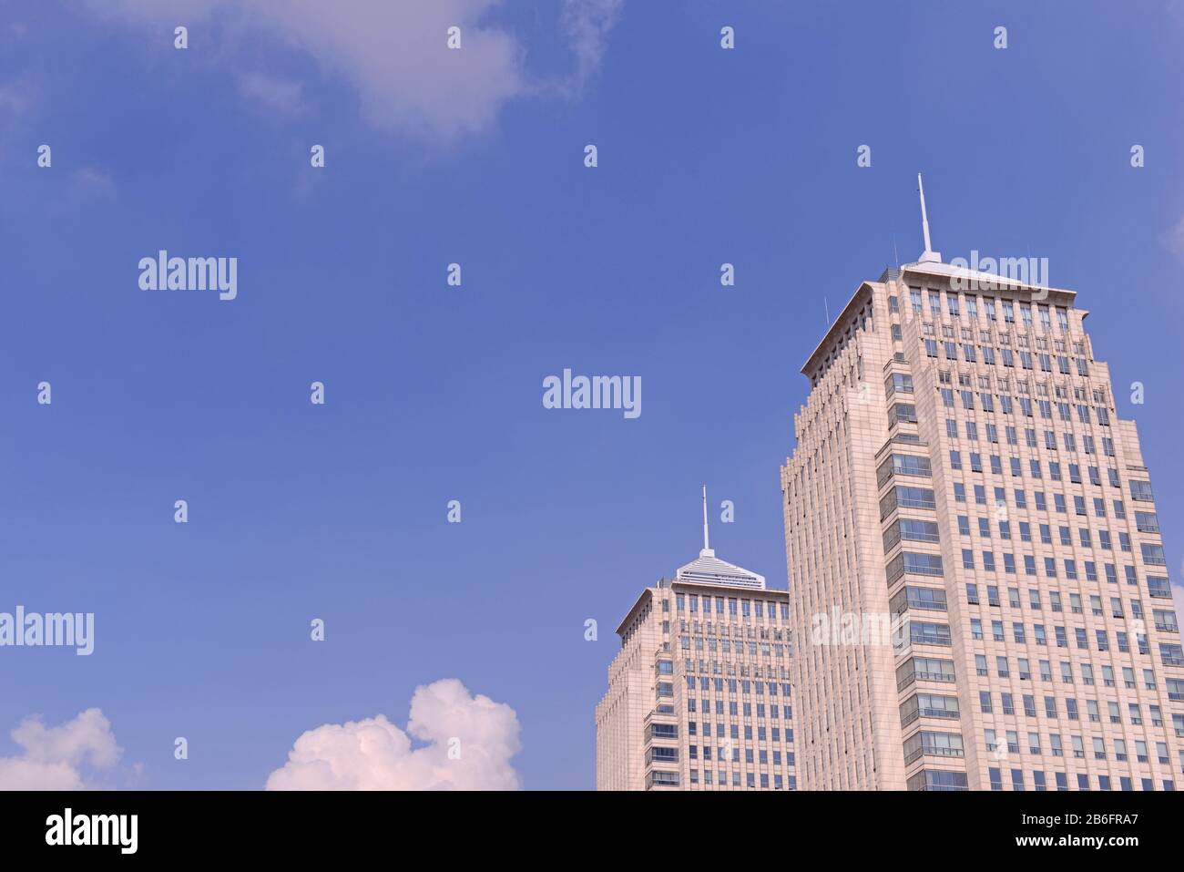 Low angle view of the Twin Towers.The Twin Towers of Guzhen town bathed ...