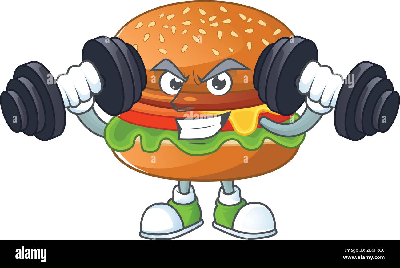 Mascot design of grinning Fitness exercise hamburger lift up barbells ...