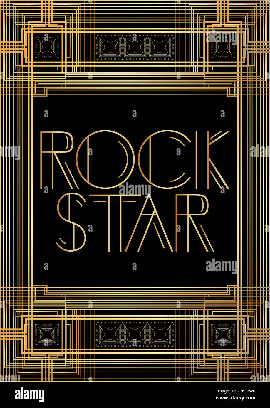 Art Deco Rock Star text. Golden decorative greeting card, sign with ...