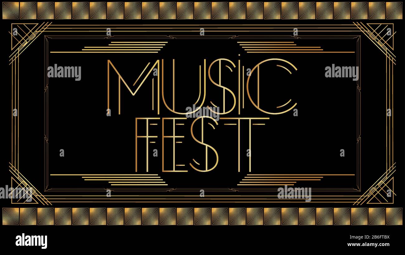 Art Deco Music Fest text. Golden decorative greeting card, sign with ...