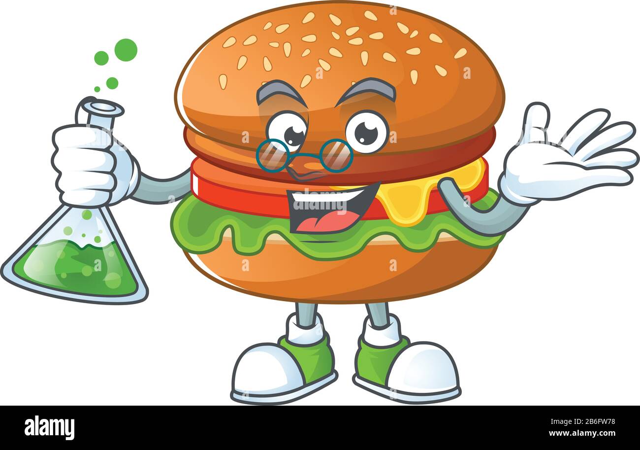 Hamburger brainy Professor Cartoon design grasp a glass tube Stock ...