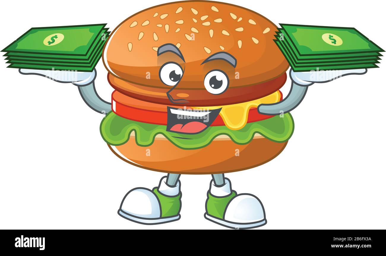 happy rich hamburger character with money on hands Stock Vector Image ...