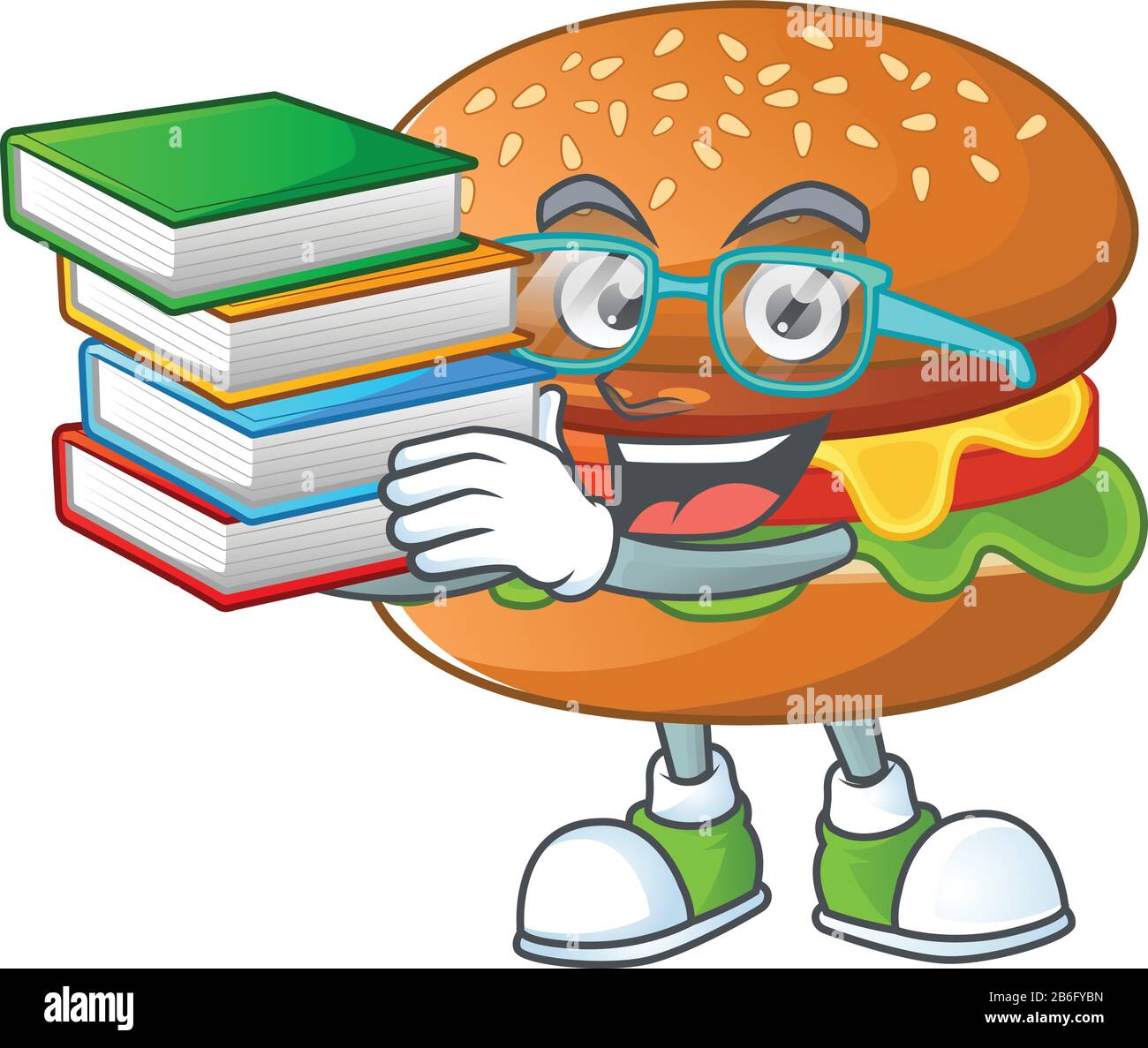 A hard-working student in hamburger cartoon design with book Stock ...