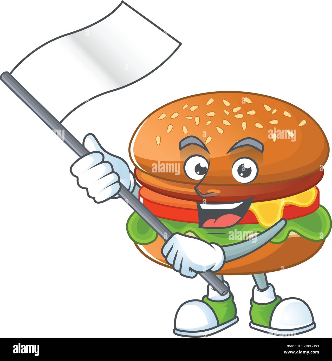 A patriotic hamburger mascot character design holding standing flag ...