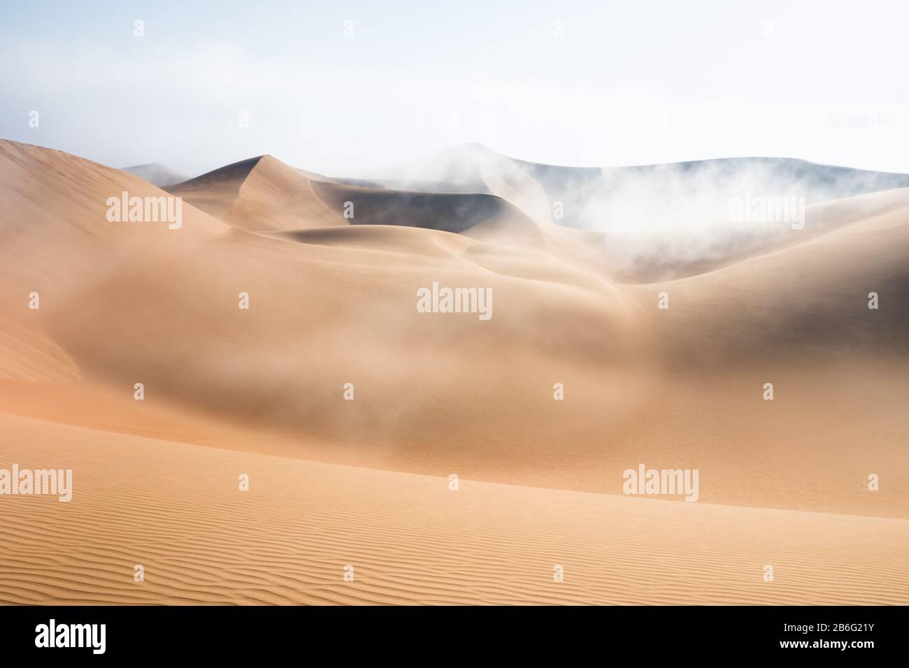 Dense fog covering desert landscape early winter morning. Liwa desert ...
