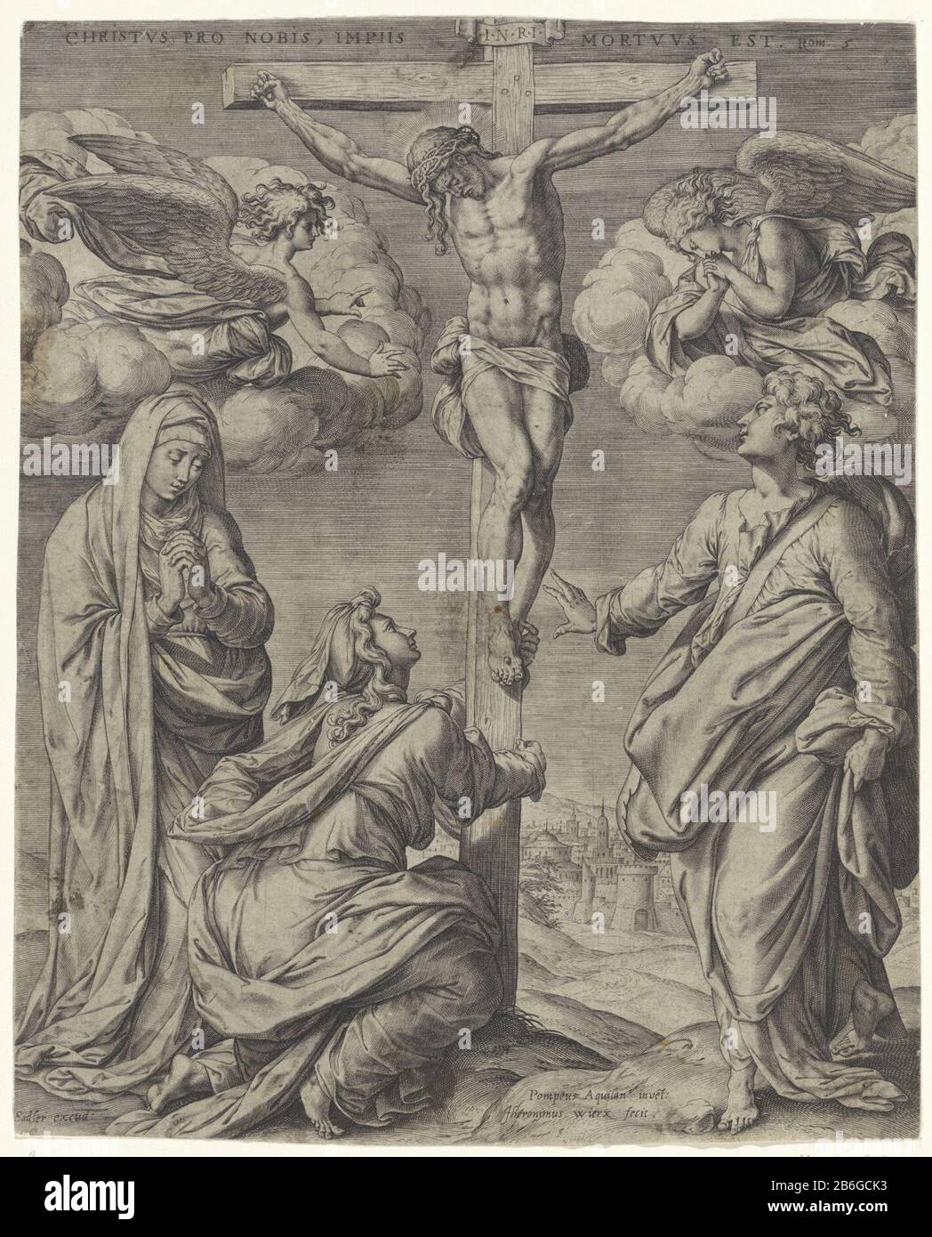 Christ on the cross, flanked by two angels Christ hanging on the cross ...