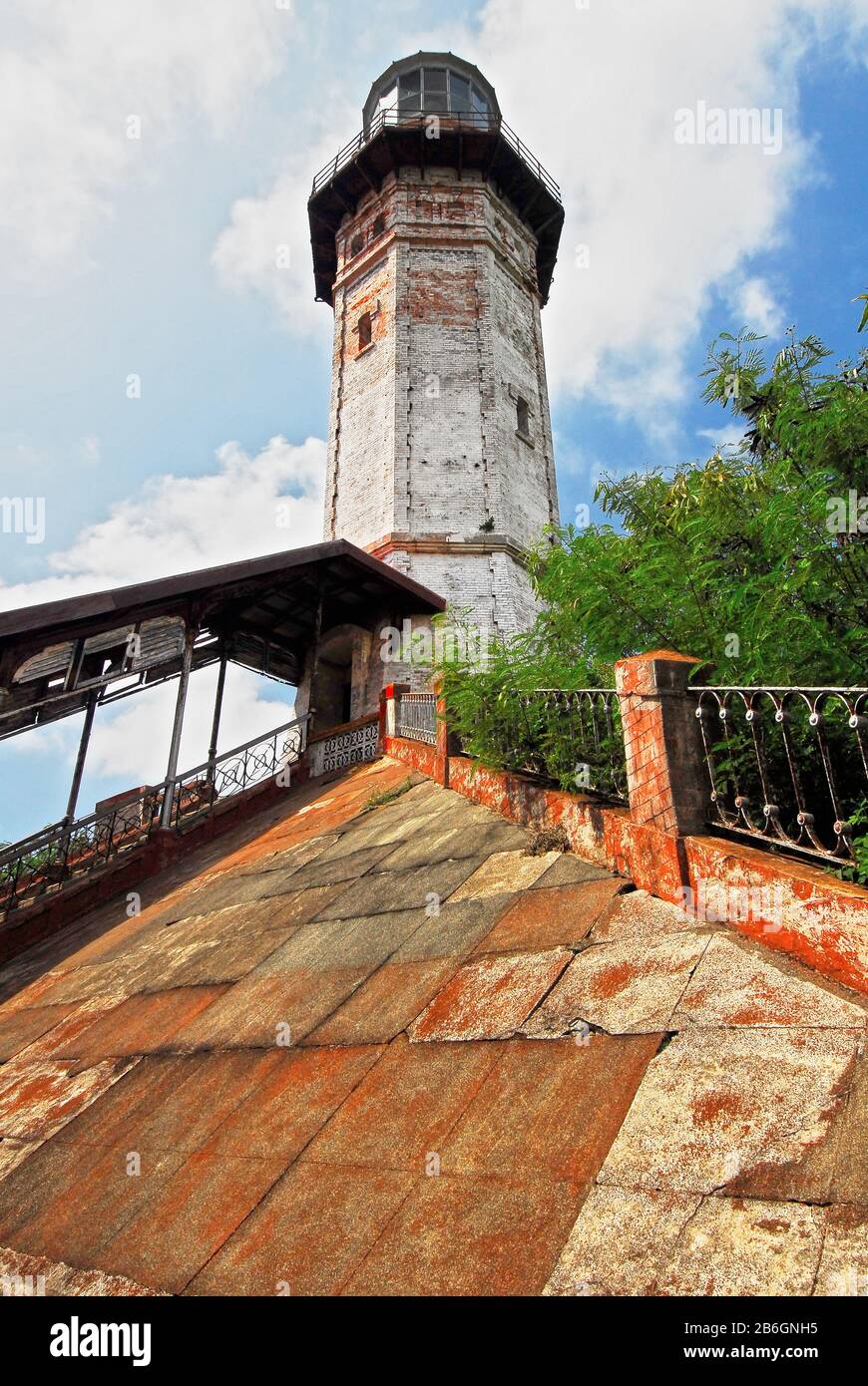 Extreme low angle view of the old colonial Cape Bojeador Lighthouse ...