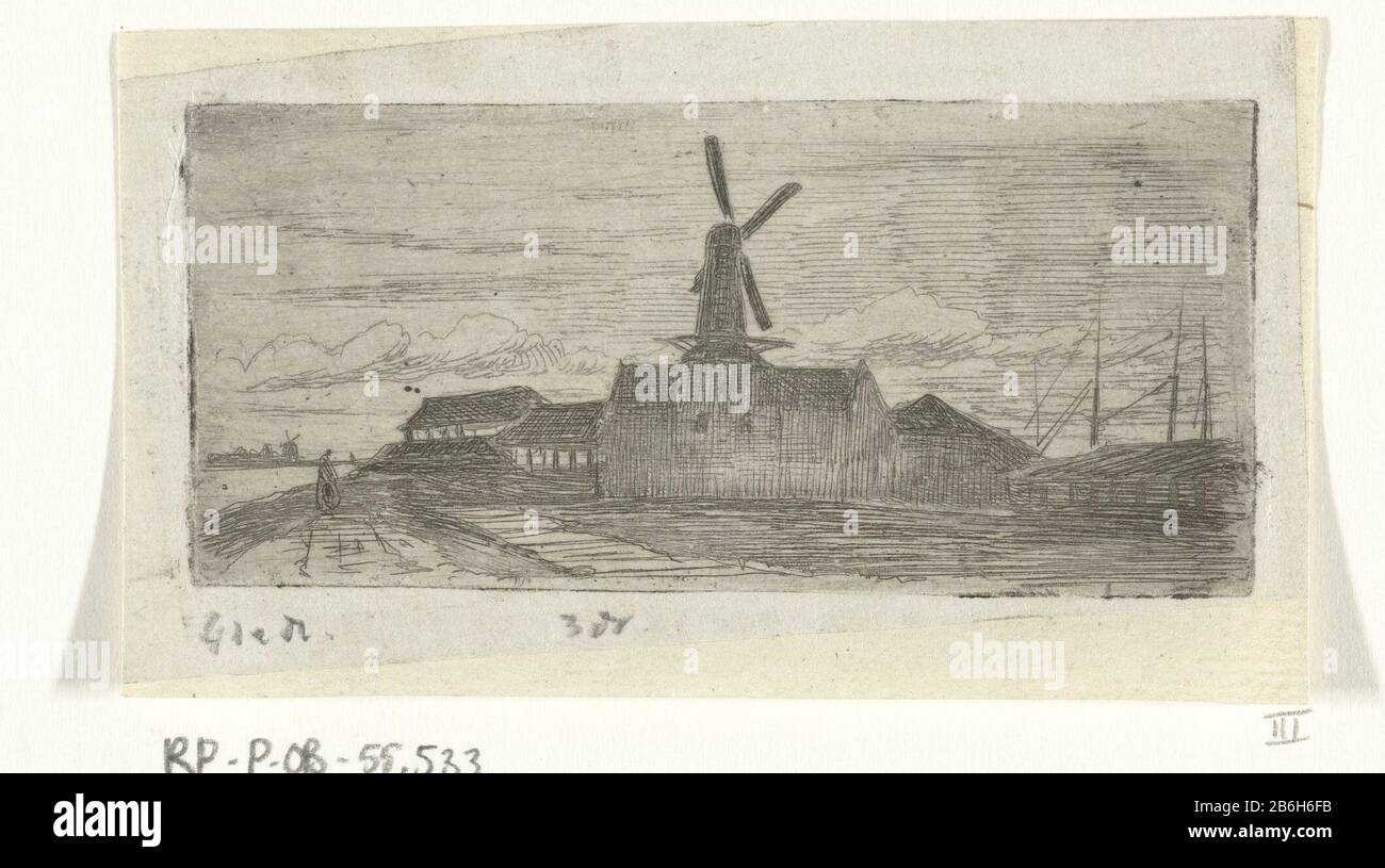 Mill complex with a river Complex with a windmill on a dike, with a ...