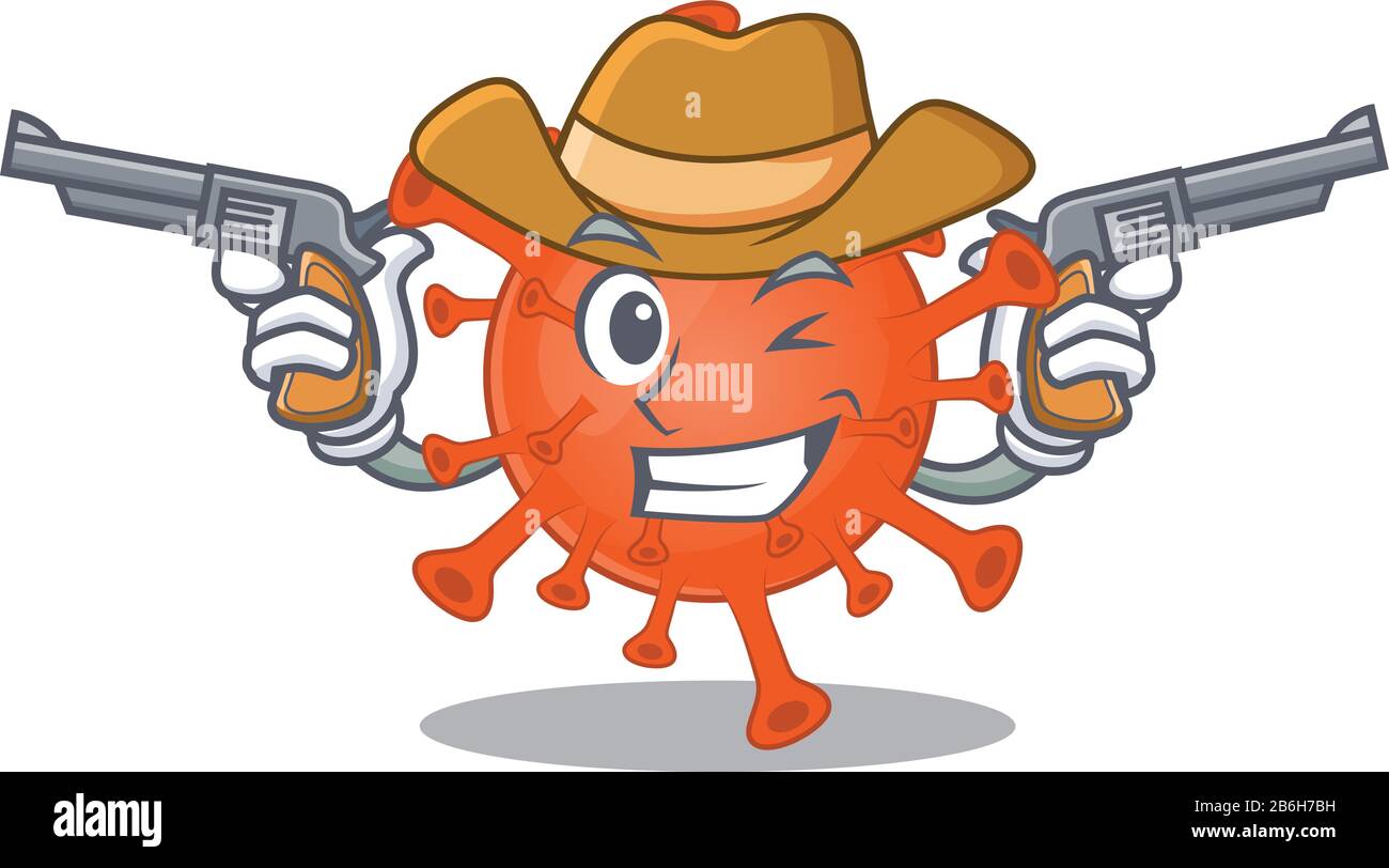 Funny deadly corona virus as a cowboy cartoon character holding guns ...