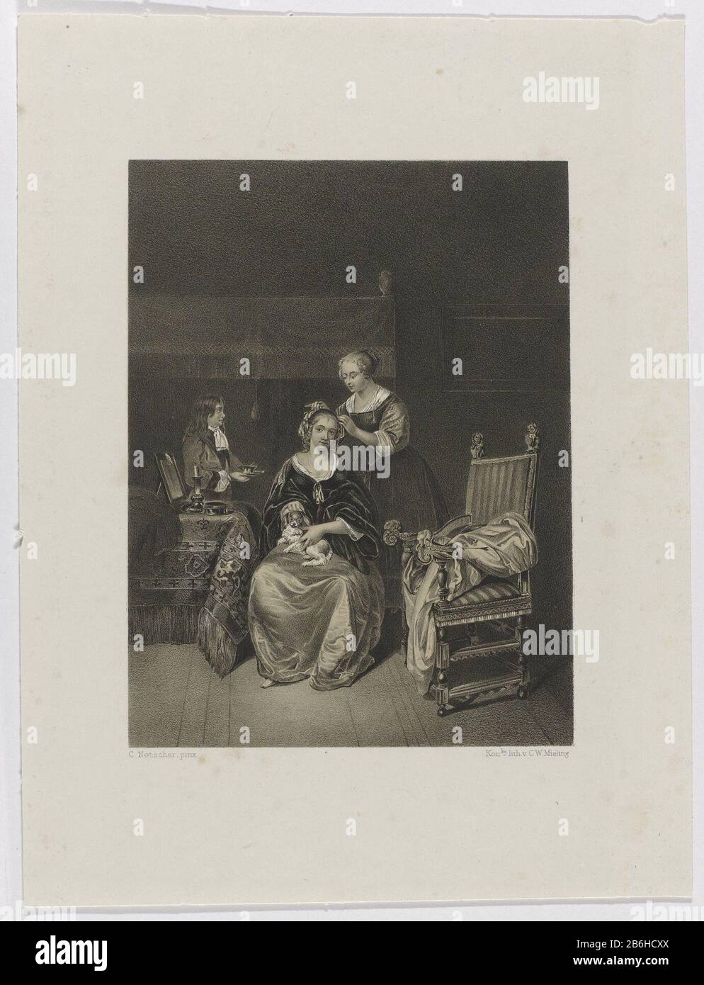 Dame aan toilettafel A lady in 17th century wrapper sitting at her ...