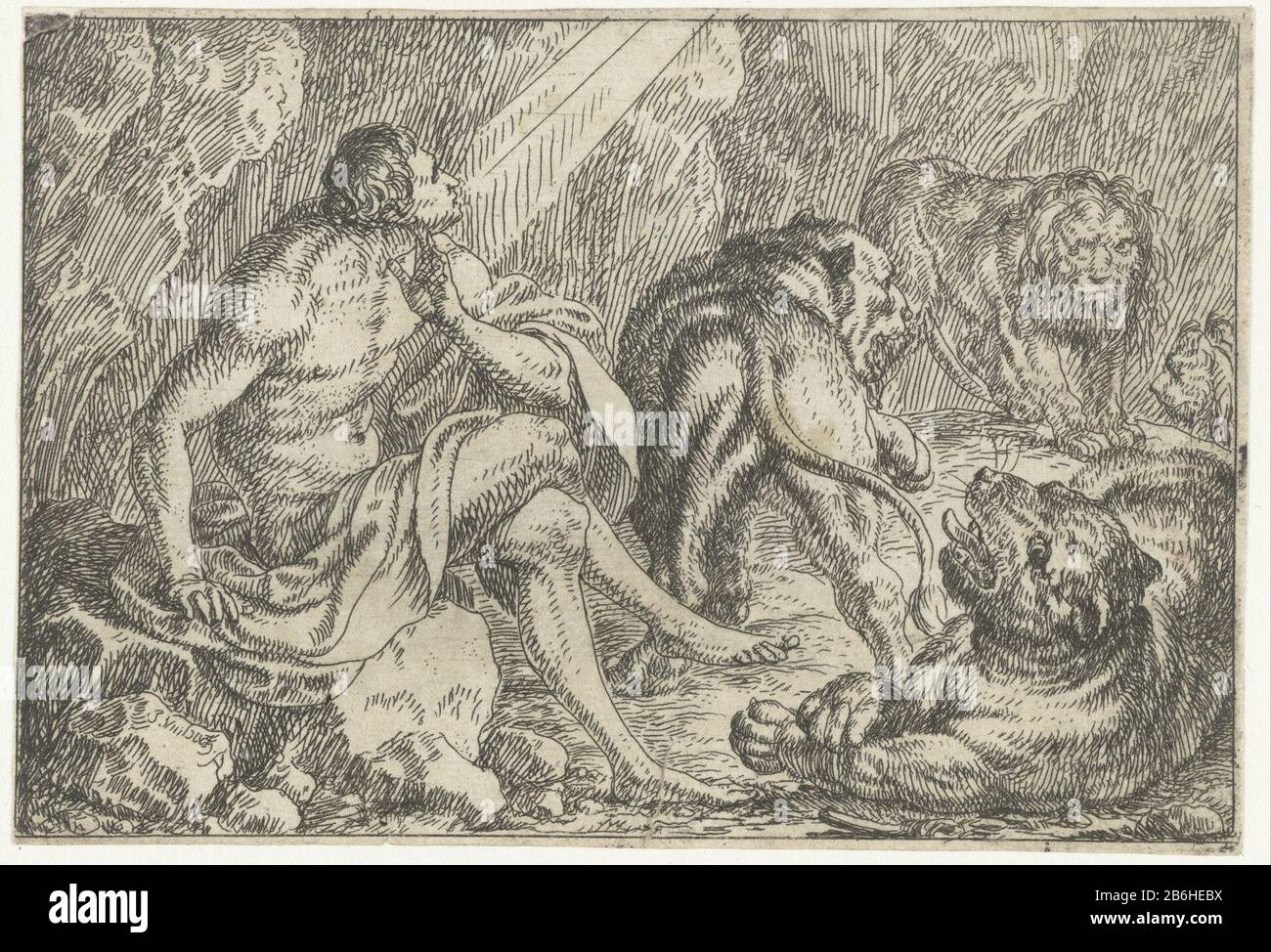 Daniel sitting on a stone in the lion's den with four leeuwen ...