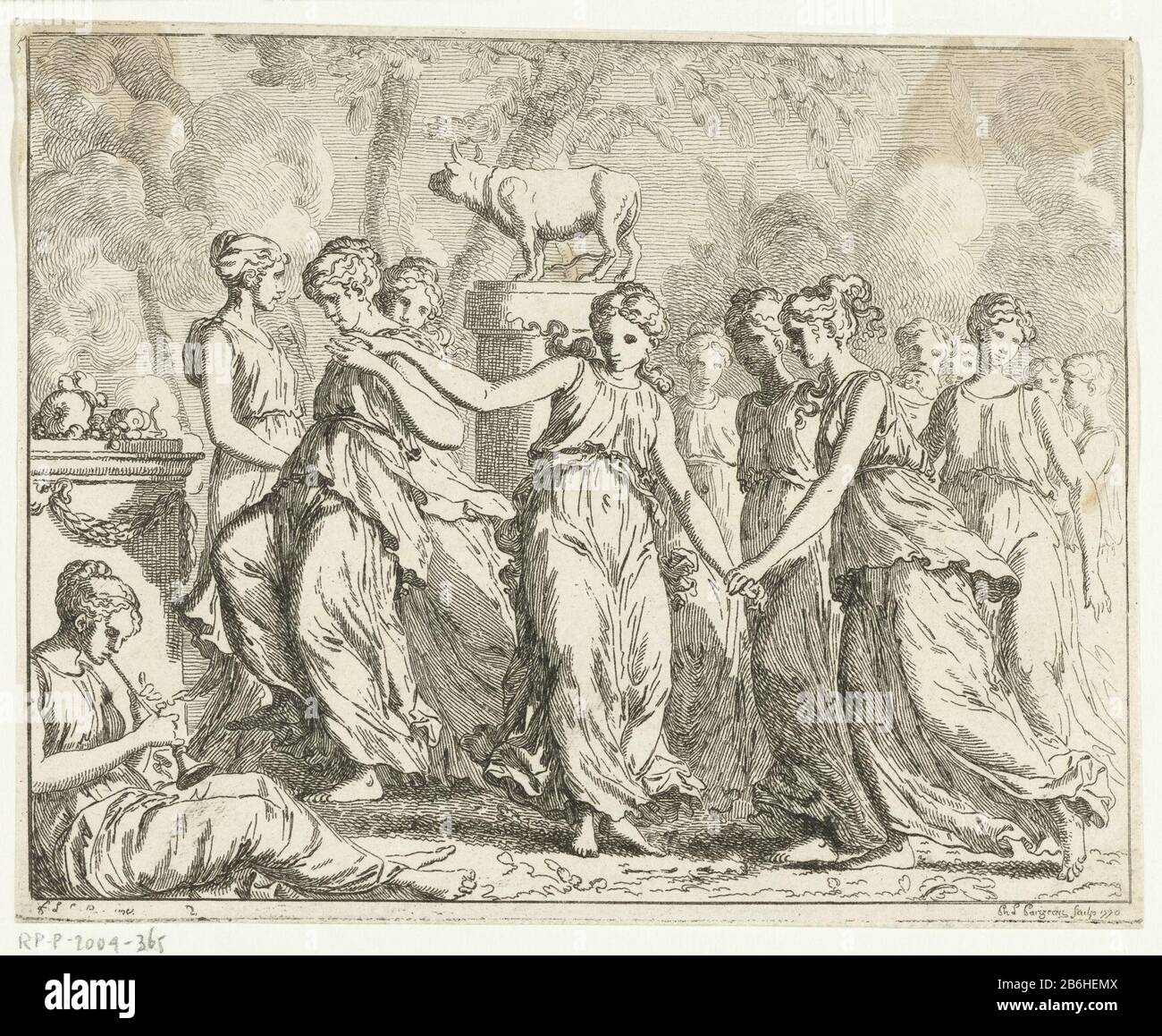 a group of nymphs dancing in a circle around the image of a cow on a ...