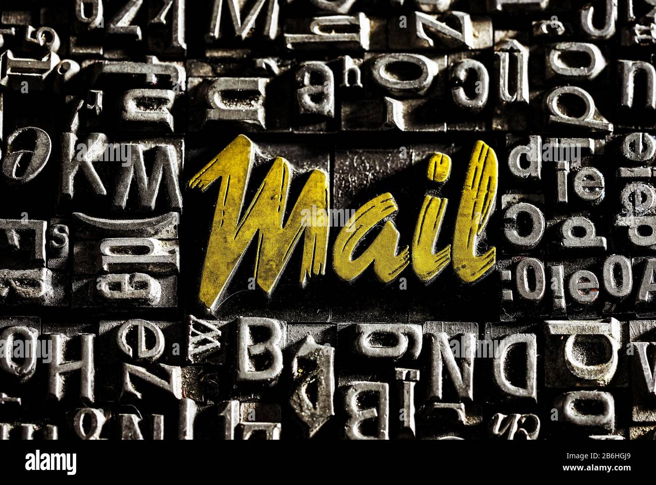 Old lead letters with golden writing show the word mail, Germany Stock ...