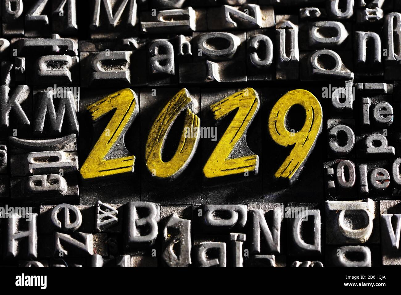 Old lead letters with golden writing show the word 2029, Germany Stock ...