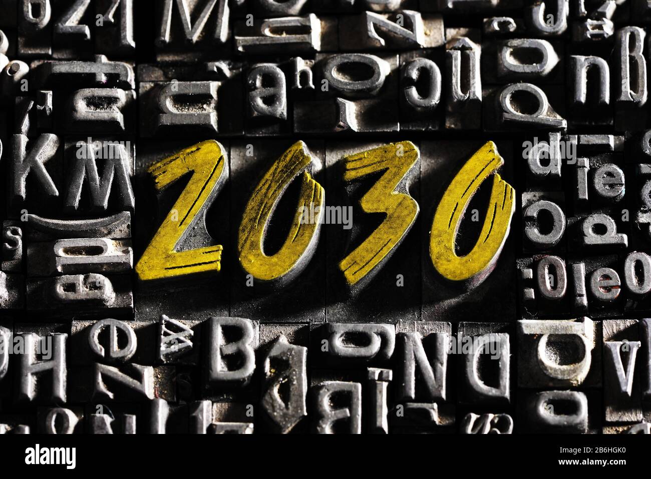 Old lead letters with golden writing show the word 2030, Germany Stock ...