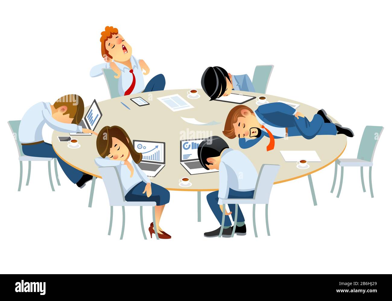 Tired businessmen, corporate personnel officers sleeping at table in ...