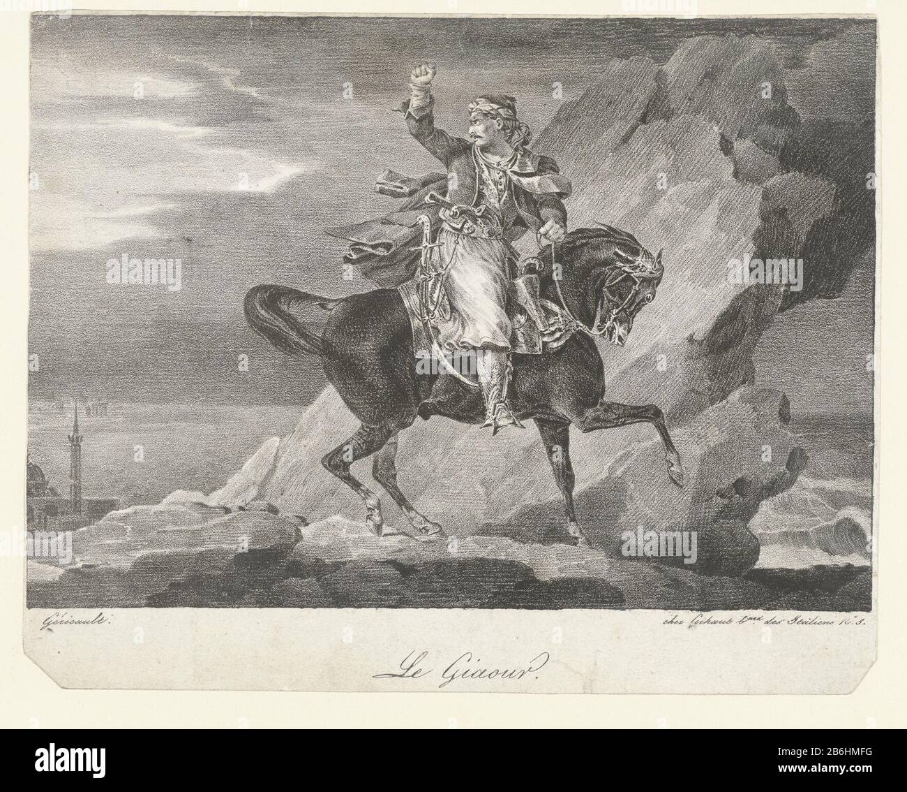 The Giaour, a Turkish infidel, as a warrior on horseback. He looks back ...